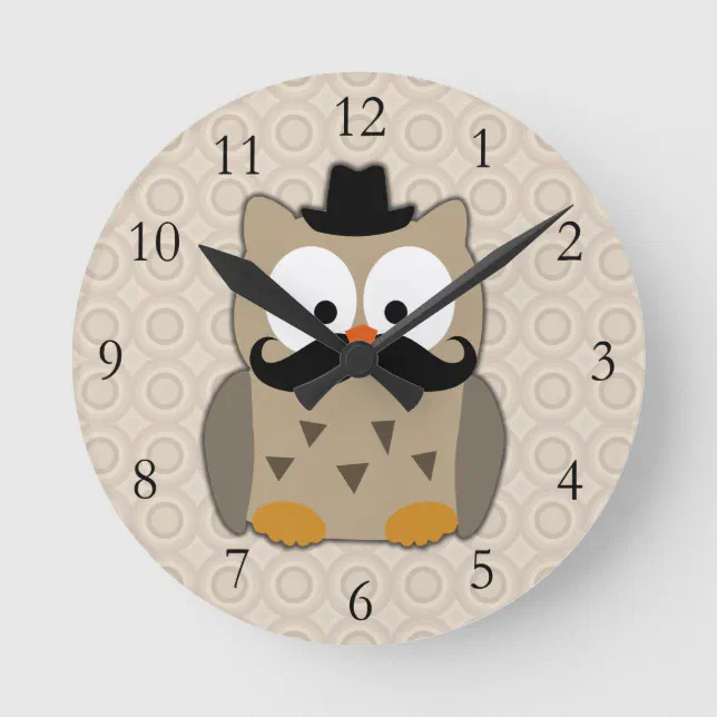 Owl with Mustache and Hat Round Clock | Zazzle