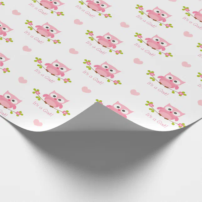 Owl Wrapping Paper Baby Girl Pink It's A Girl | Zazzle