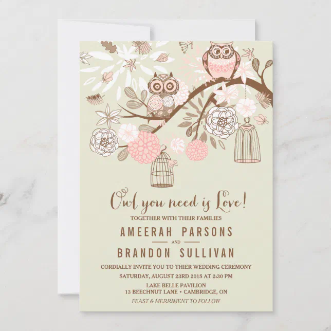 Owl You Need Is Love Pink Owls Wedding Invitation | Zazzle