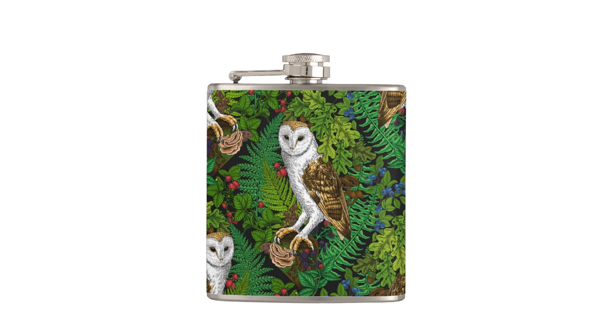Owls, ferns, oak and berries flask | Zazzle