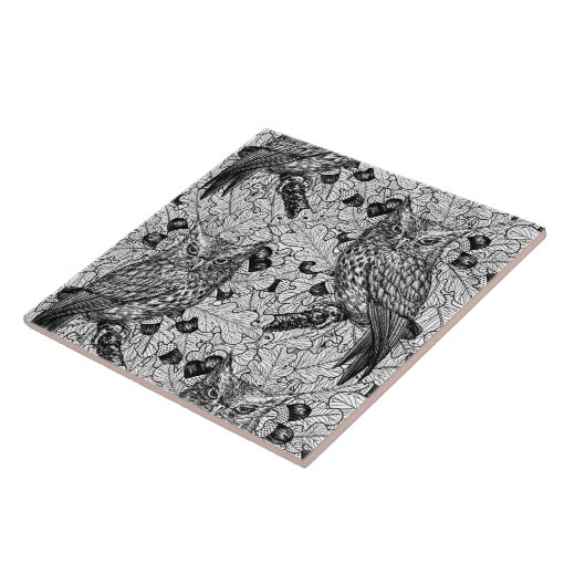 Owls in the oak tree, black and white ceramic tile | Zazzle