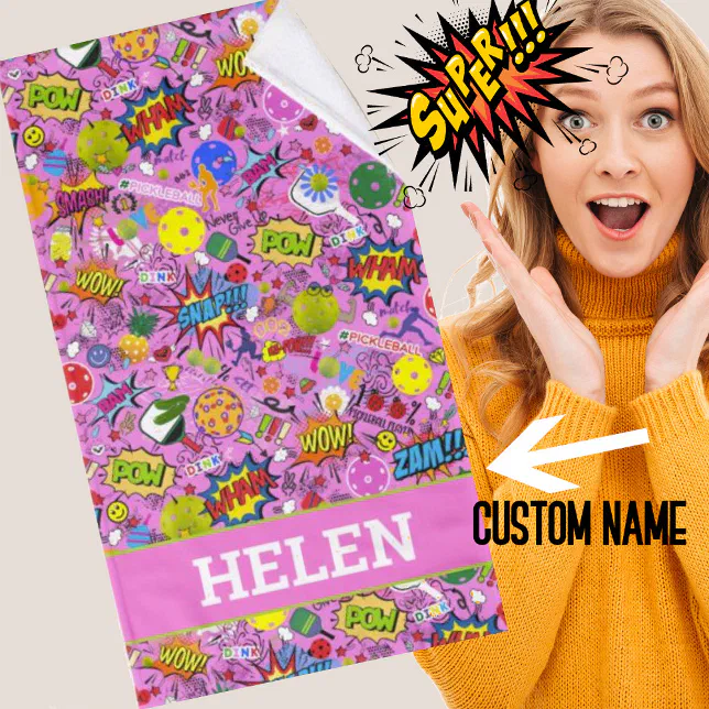 Own name mixed pickleball pink hand towel | Zazzle