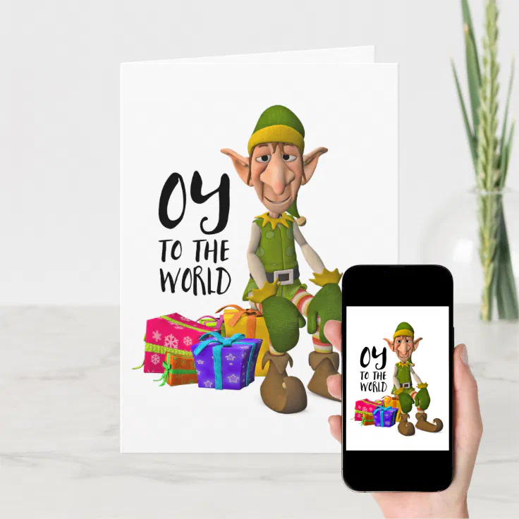 Oy to the World Funny Elf Christmas Holiday Card | Zazzle