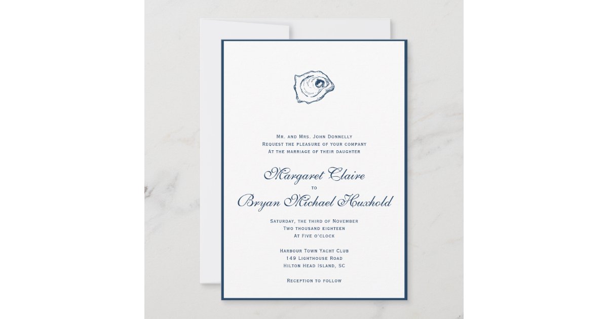 Oyster Invitation V1 with Navy Border | Zazzle