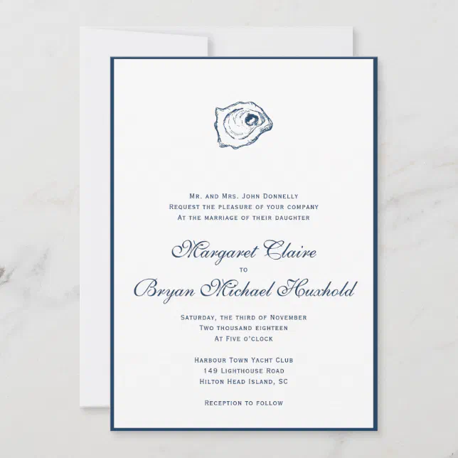Oyster Invitation V1 with Navy Border | Zazzle