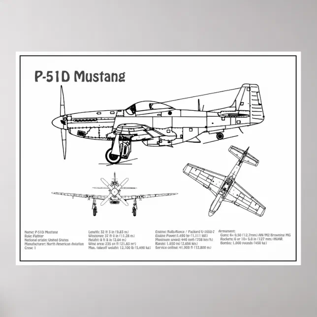 P-51D Mustang - Airplane Blueprint BD Poster | Zazzle