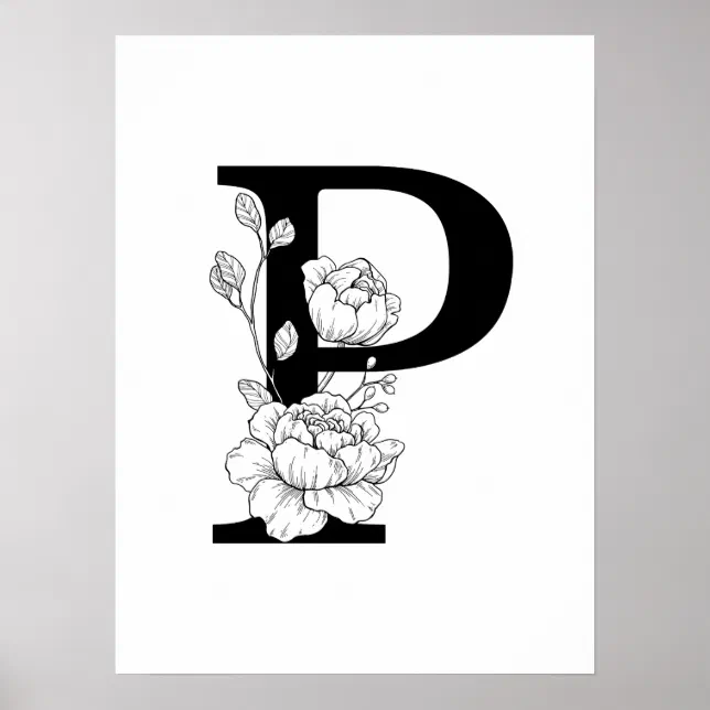 P botanical monogram. Letter initial with peonies Poster | Zazzle