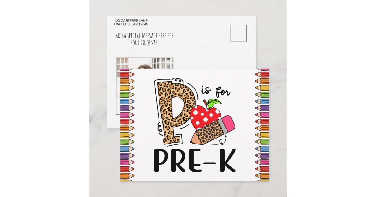 P is for PRE-K Back To School Teacher Photo Postcard | Zazzle