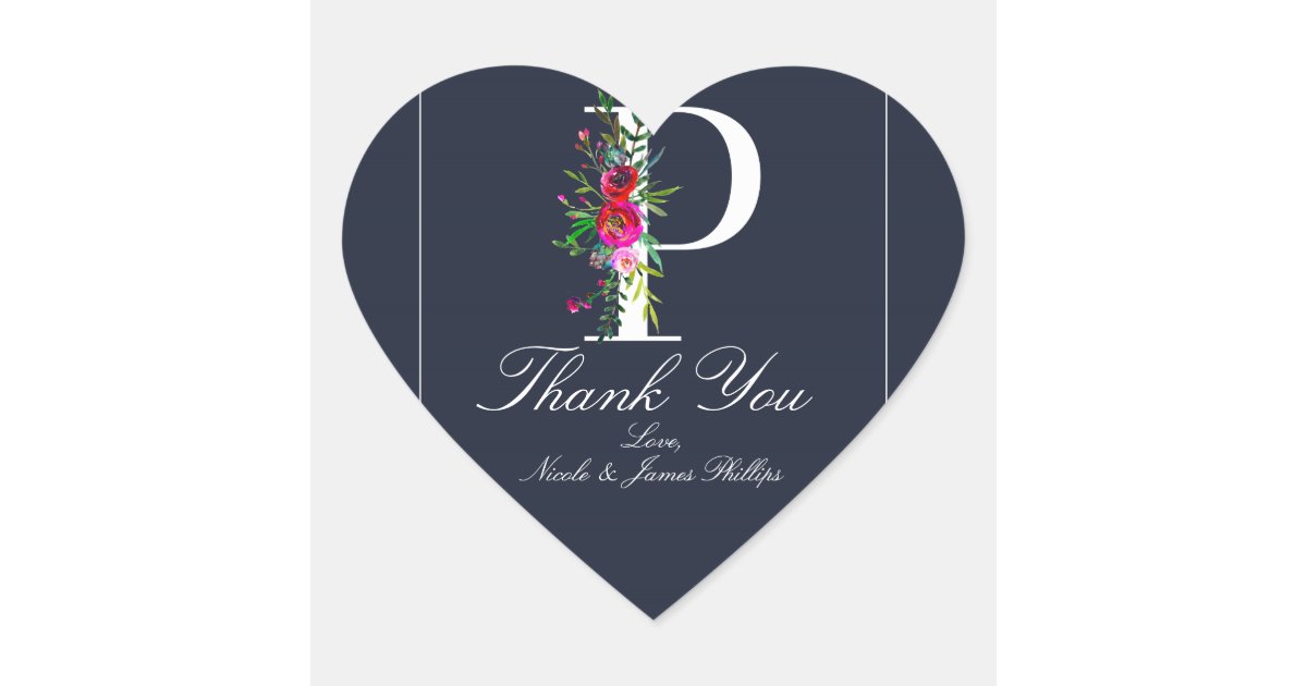 P Monogram Last Initial Modern Blue Floral Wedding Heart Sticker | Zazzle