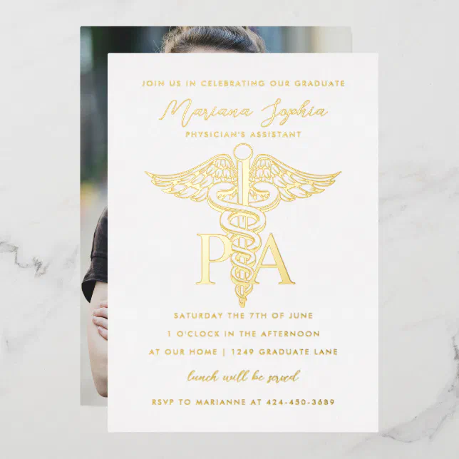 PA Physician's Assistant Caduceus Graduation Gold Foil Invitation | Zazzle