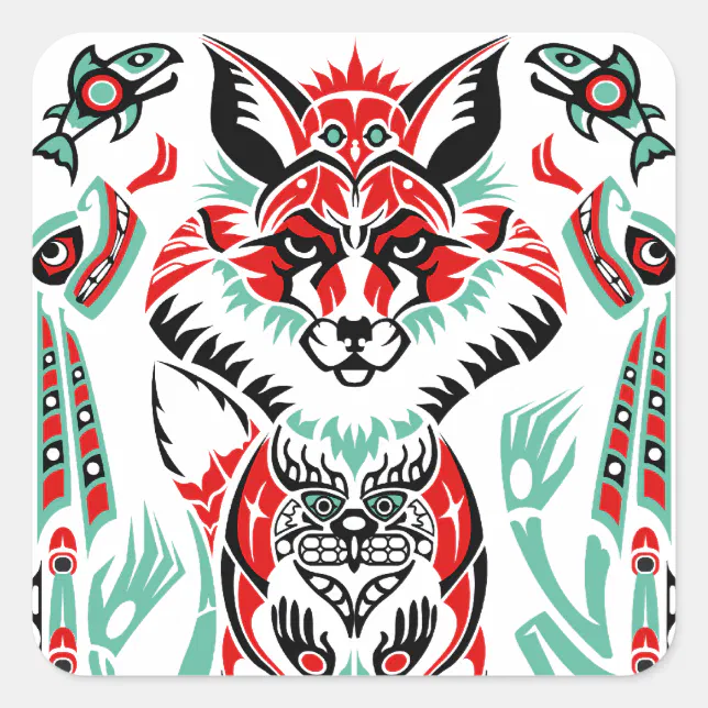 Pacific North Coastal Native American Indian Fox Square Sticker | Zazzle