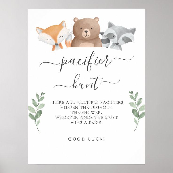 Pacifier Hunt Baby Shower Game Woodland Animals Poster | Zazzle