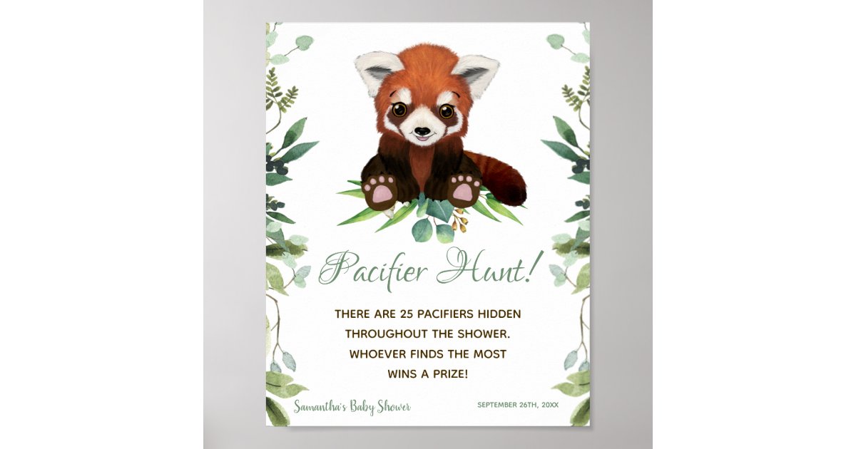 Pacifier Hunt Game Baby Shower Sign Red Panda Bear | Zazzle