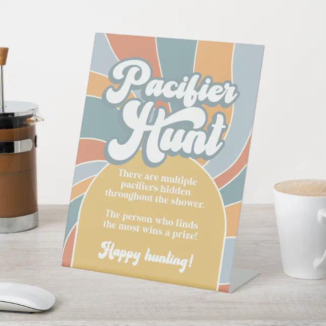 Pacifier Hunt Groovy Retro Sunshine Baby Shower Pedestal Sign | Zazzle