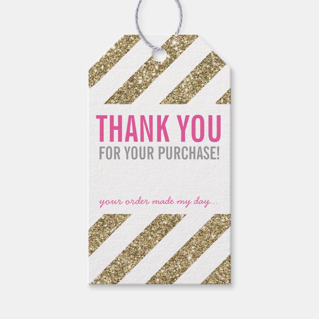 PACKAGING THANK YOU cute gold glitter stripe pink Gift Tags | Zazzle