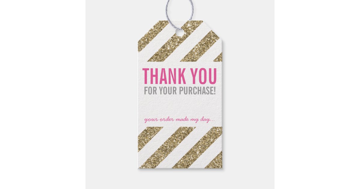 PACKAGING THANK YOU cute gold glitter stripe pink Gift Tags | Zazzle