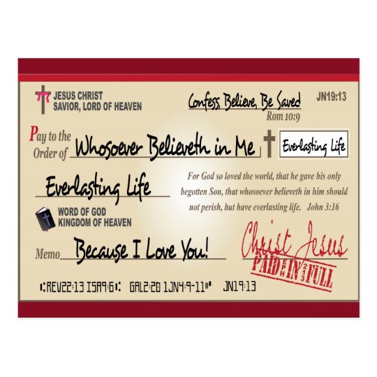 Paid in Full Saved by Jesus Check Christian Postcard | Zazzle.com