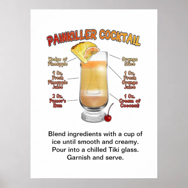 PAINKILLER Cocktail Recipe Art 18"x24" Poster | Zazzle