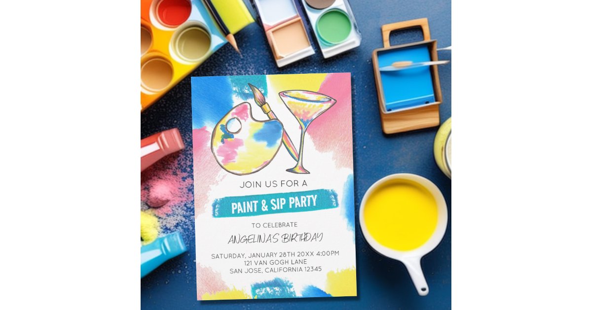 Paint and Sip Painting and Wine Birthday Party Invitation | Zazzle