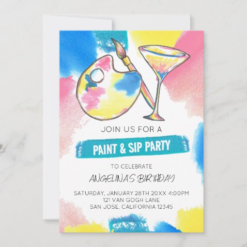 Paint and Sip Painting and Wine Birthday Party Invitation | Zazzle