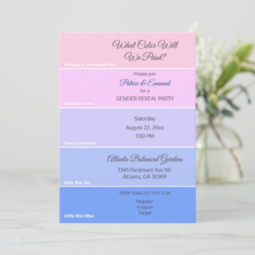 Paint Chip Gender Reveal Pink Blue Invitation | Zazzle