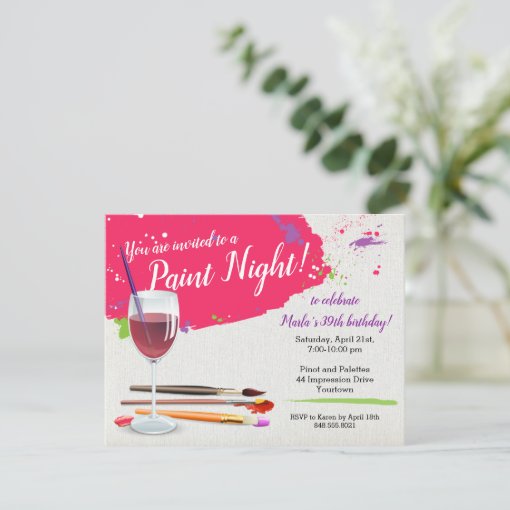 Paint Night, Paint and Sip Wine Glass Canvas Party Invitation | Zazzle