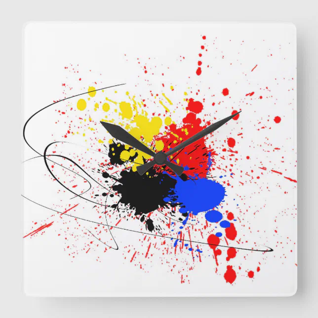 Paint Splatter Art Black Blue Red Yellow Square Wall Clock | Zazzle