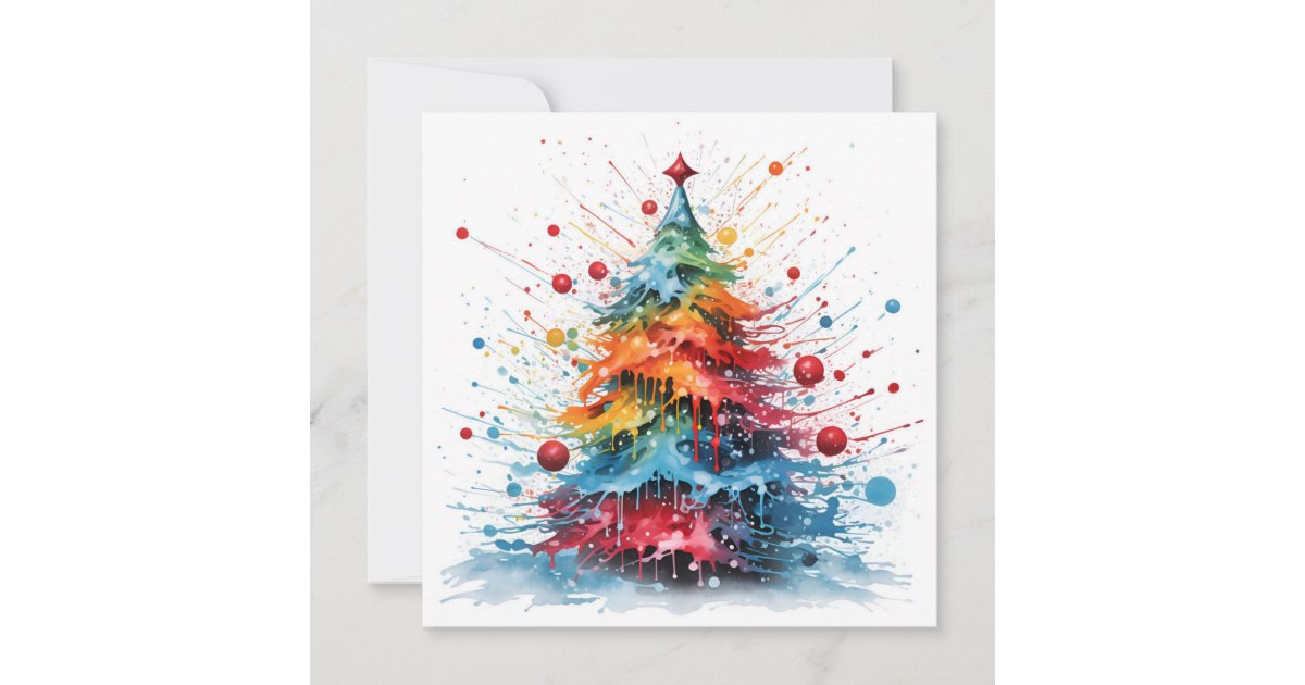 Paint splatter Christmas tree greeting card | Zazzle
