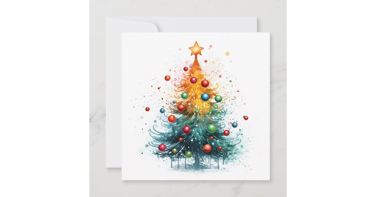 Paint splatter Christmas tree greeting card | Zazzle