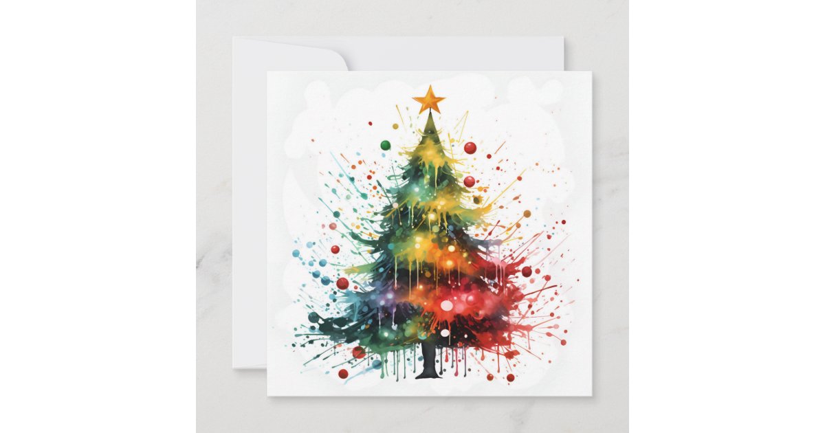 Paint splatter Christmas tree greeting card | Zazzle