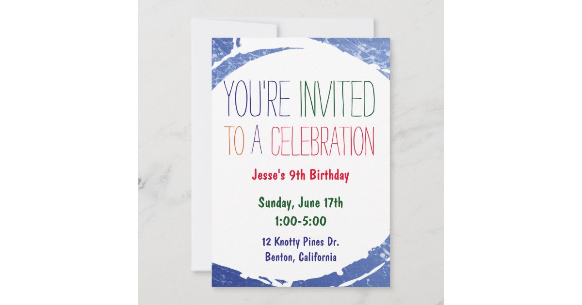 Paint Splatter Invite | Kids Blue Pool Party | Zazzle