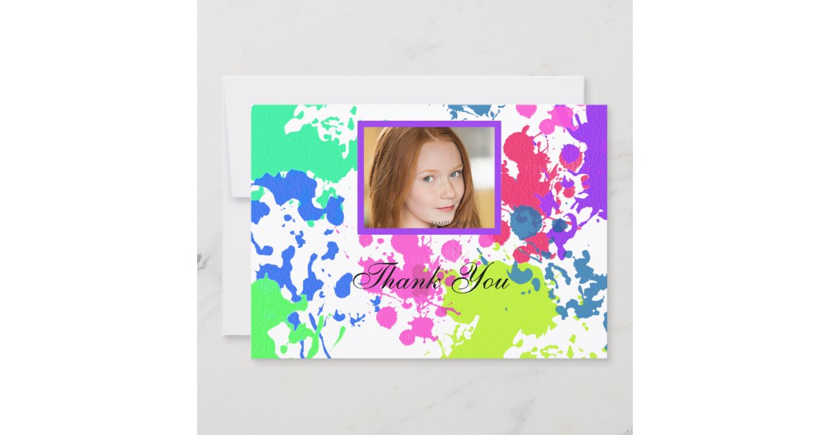 Paint Splatter Neon Photo Thank You Card | Zazzle