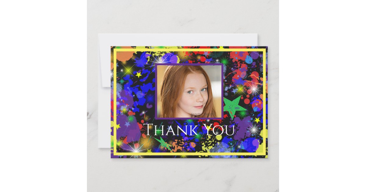 Paint Splatter Neon Photo Thank You Card | Zazzle
