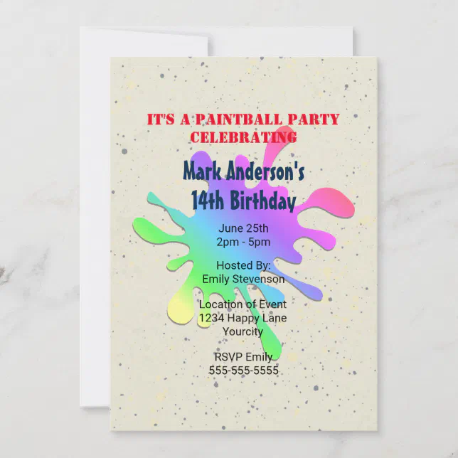Paint Splatter Paintball Birthday Invitation | Zazzle