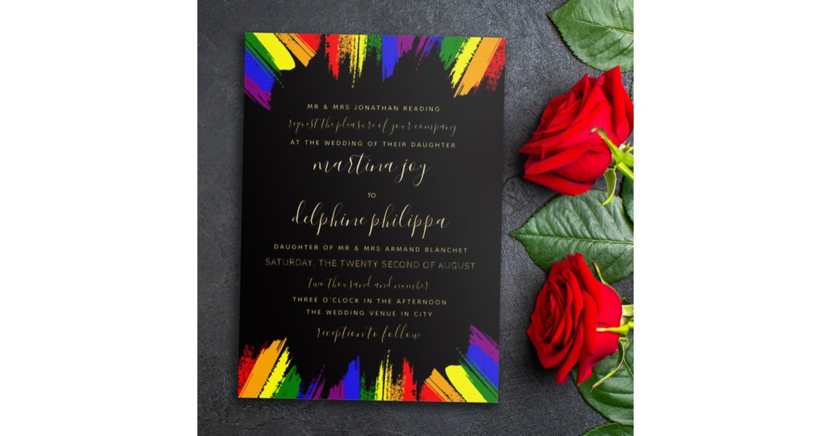 Paint Strokes Pride Flag Black Formal LGBT Wedding Foil Invitation | Zazzle