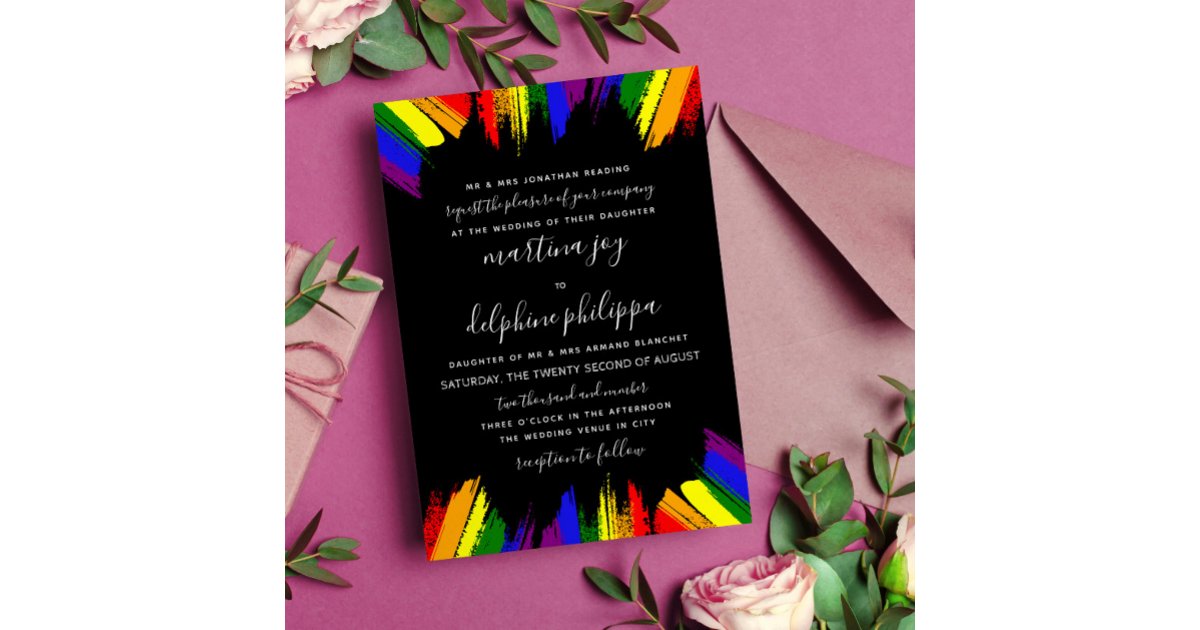 Paint Strokes Pride Flag Black LGBT Formal Wedding Invitation | Zazzle