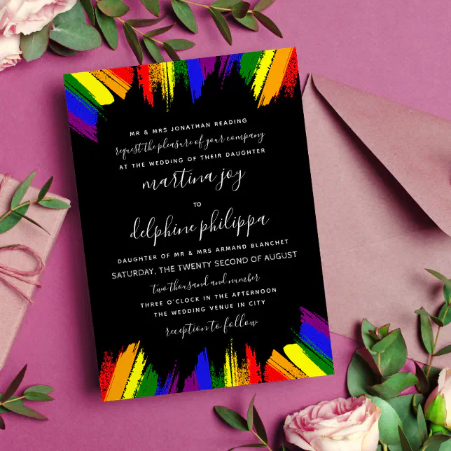 Paint Strokes Pride Flag Black LGBT Formal Wedding Invitation | Zazzle