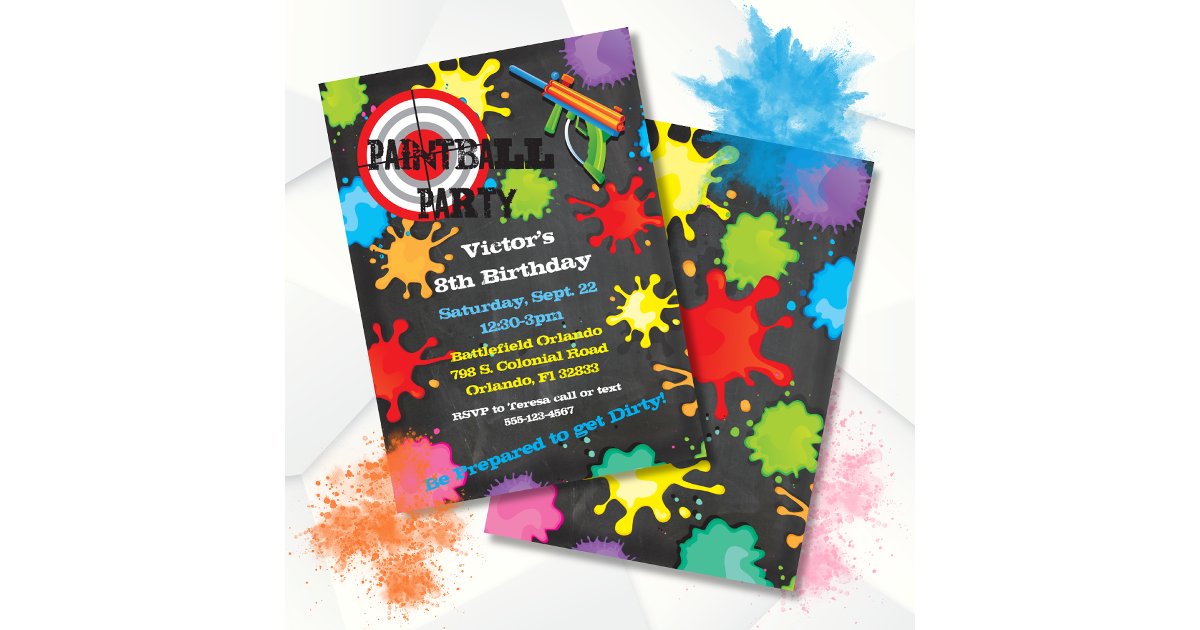 Paintball Birthday Party chalkboard background Invitation | Zazzle