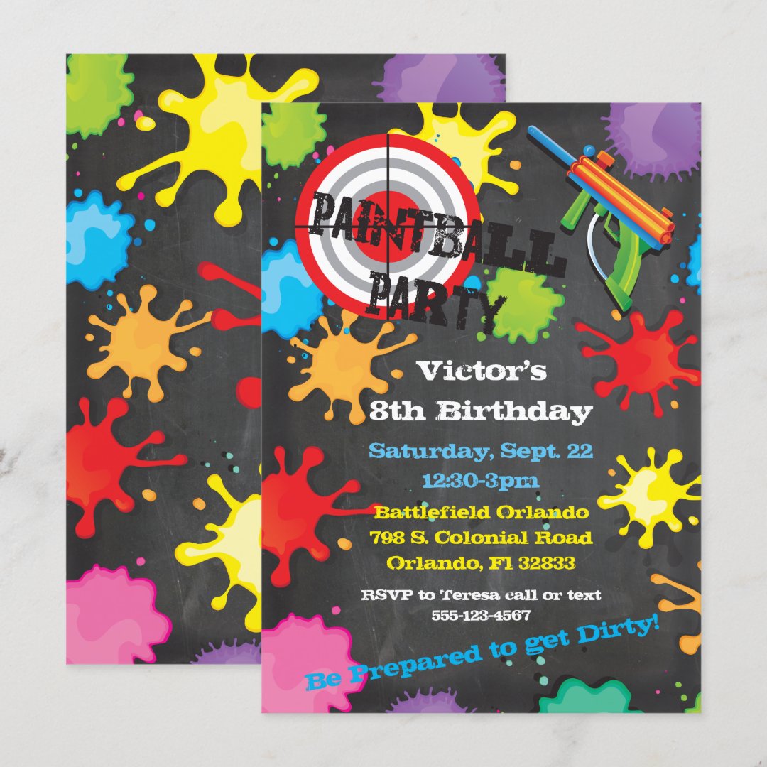 Paintball Birthday Party chalkboard background Invitation | Zazzle