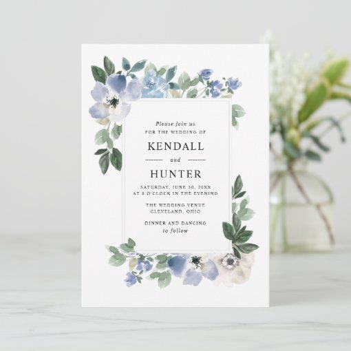 painted blue and green floral wedding invitation | Zazzle