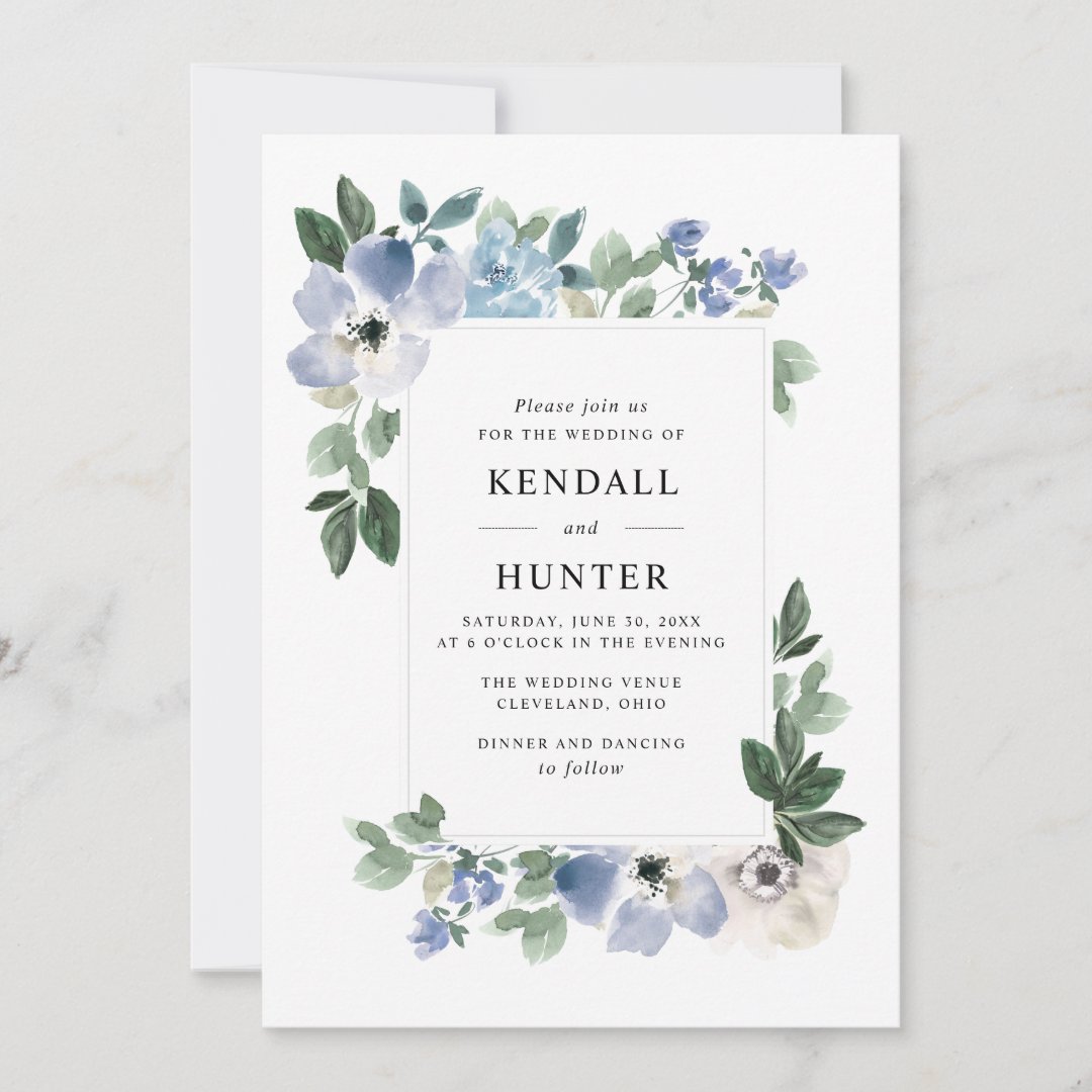 painted blue and green floral wedding invitation | Zazzle