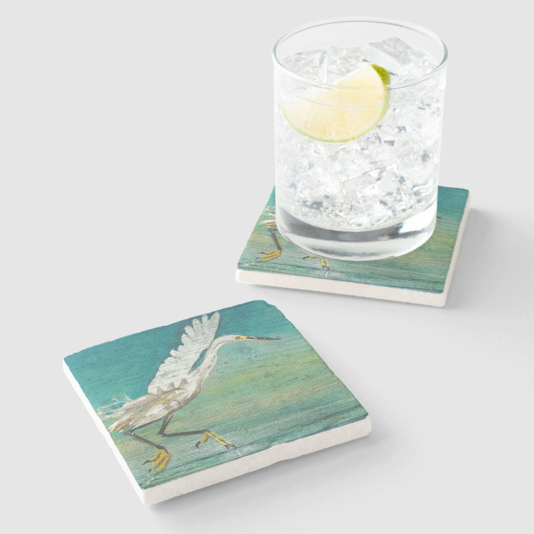 Painted Egret Shorebird Beach House Art Stone Coaster | Zazzle