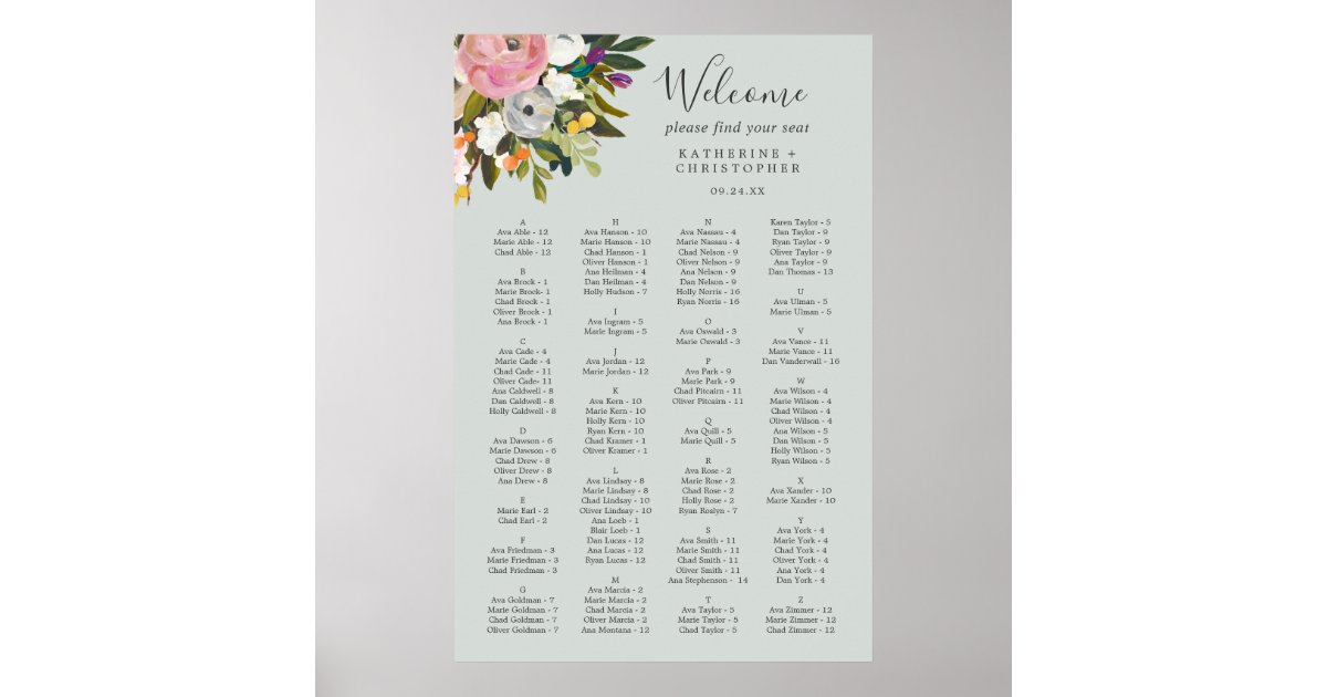 Painted Floral Alphabetical Seating Chart | Zazzle