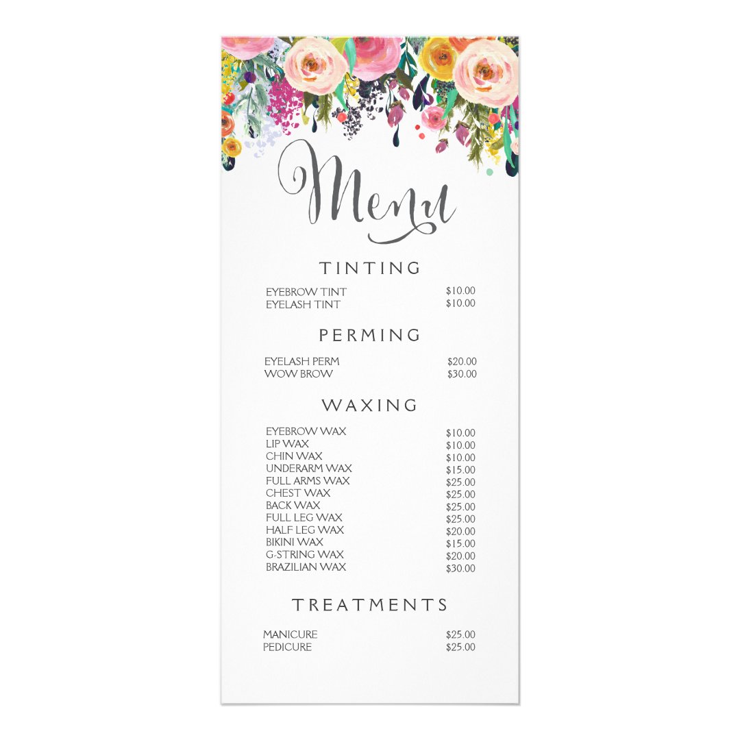 Painted Floral Salon Stylist Menu Price List | Zazzle