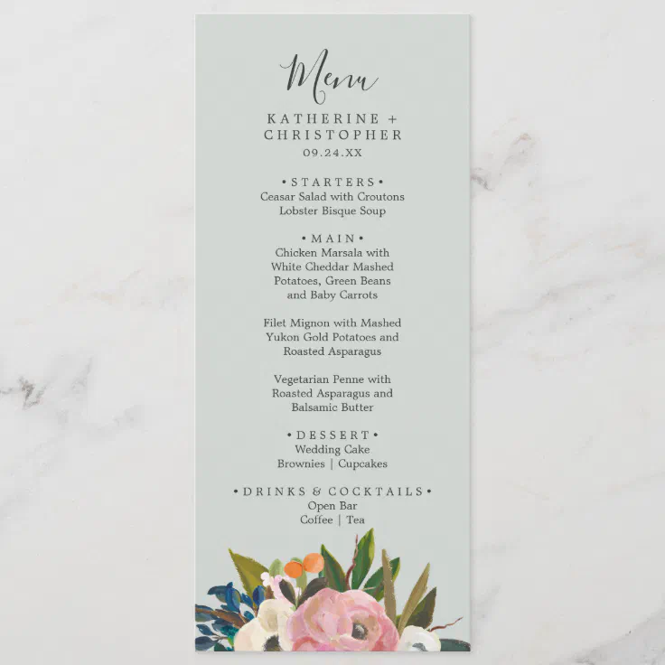 Painted Floral Wedding Dinner Menu | Zazzle