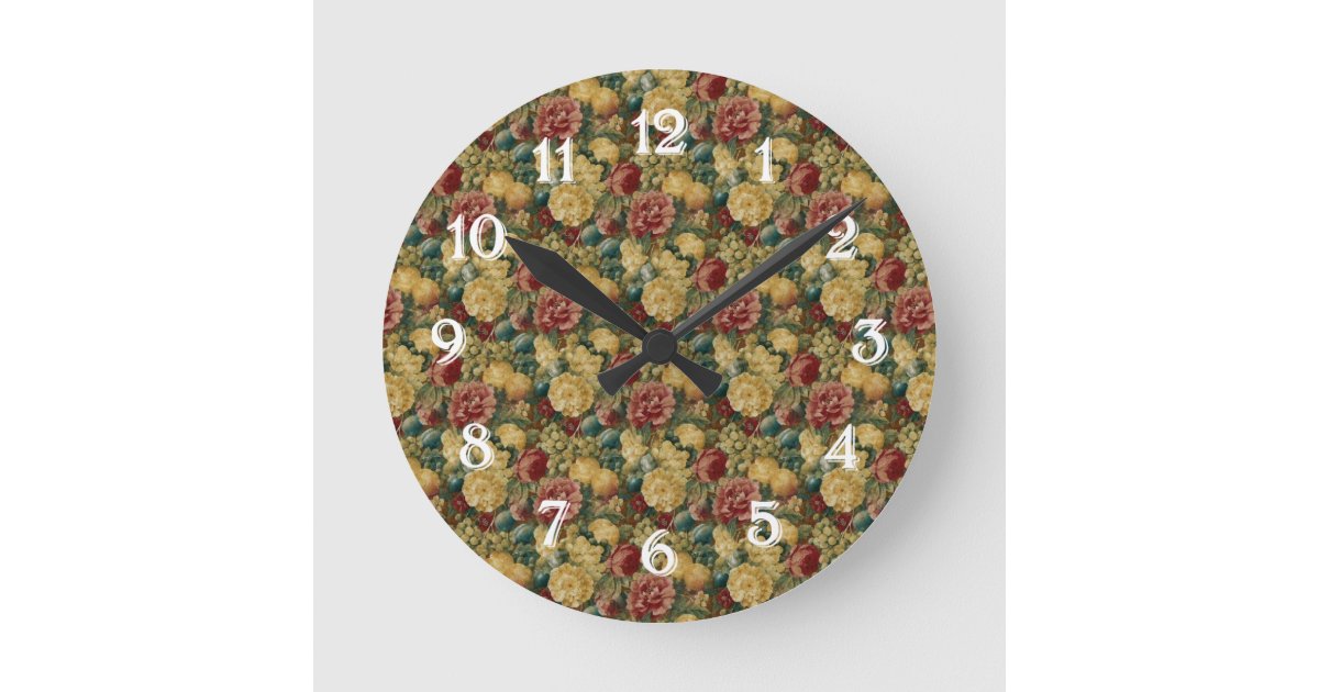 Painted Fruit and Flowers Round Clock | Zazzle