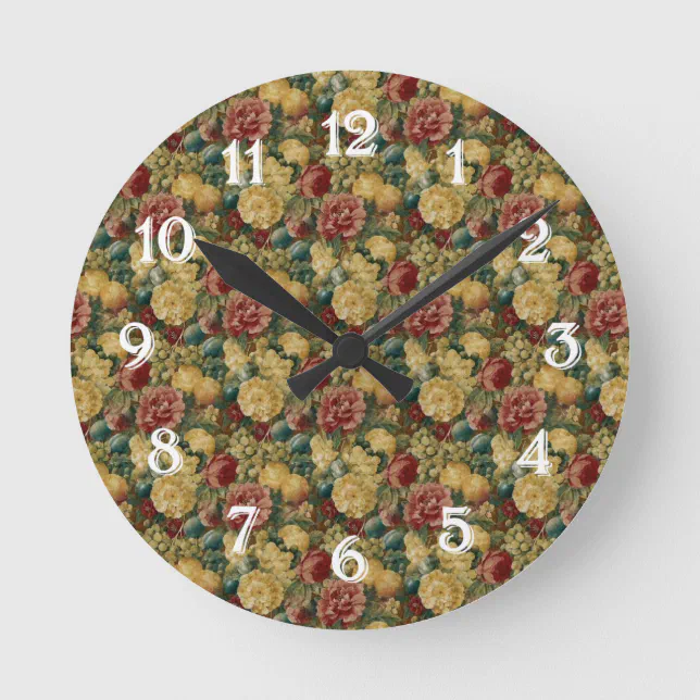 Painted Fruit and Flowers Round Clock | Zazzle