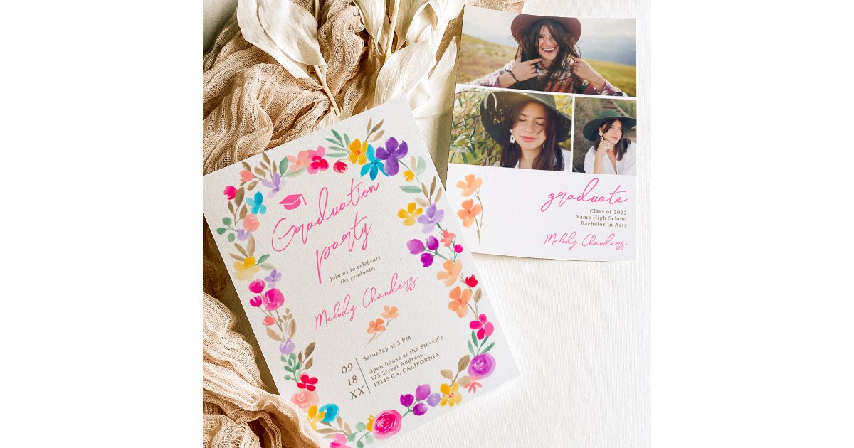 Painted garden wildflowers meadow graduation invitation | Zazzle