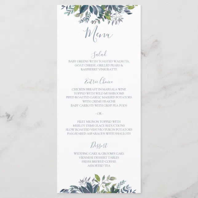 Painted Greenery Wedding Menus Dusty Blue | Zazzle