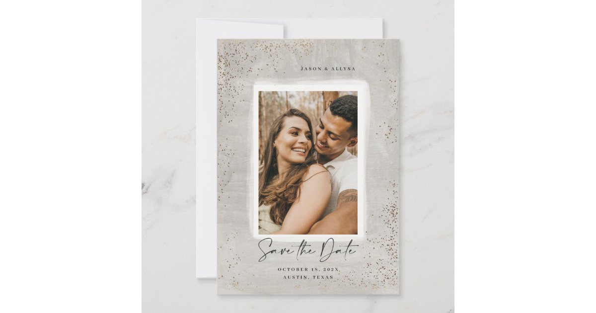 Painted Grey and Gold Sparkle Save the Date Card | Zazzle